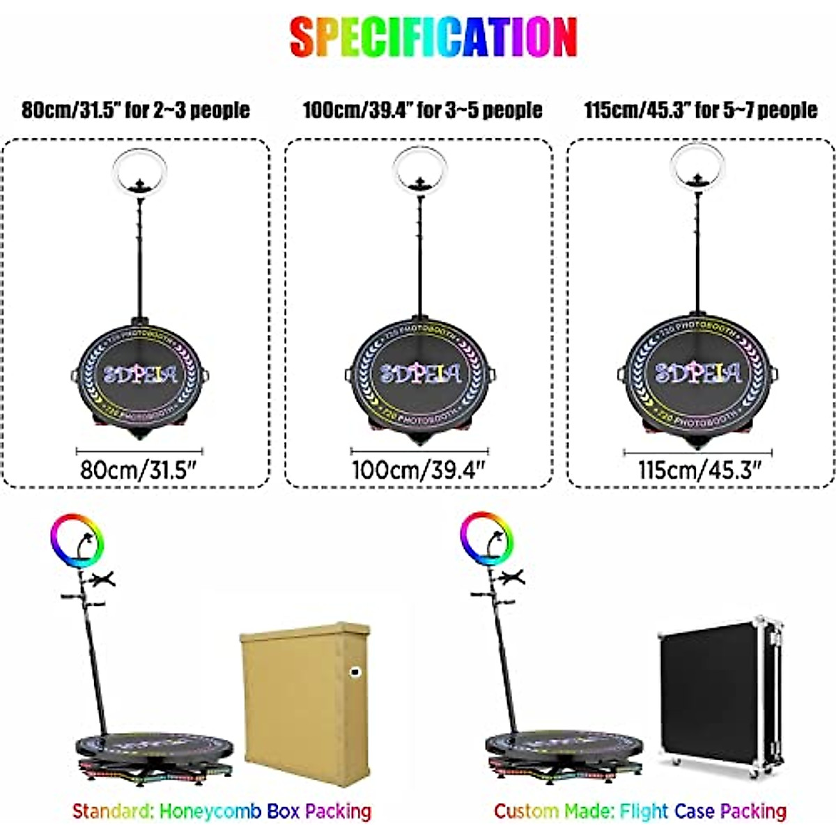 Sdpeia 360 Photo Booth Machine 45.3", for Parties, with Ring Light,Extendable Stand, Logo Customization,7 People Stand on Remote Control Automatic 360 Spin Camera Booth for Party Wedding Live Show