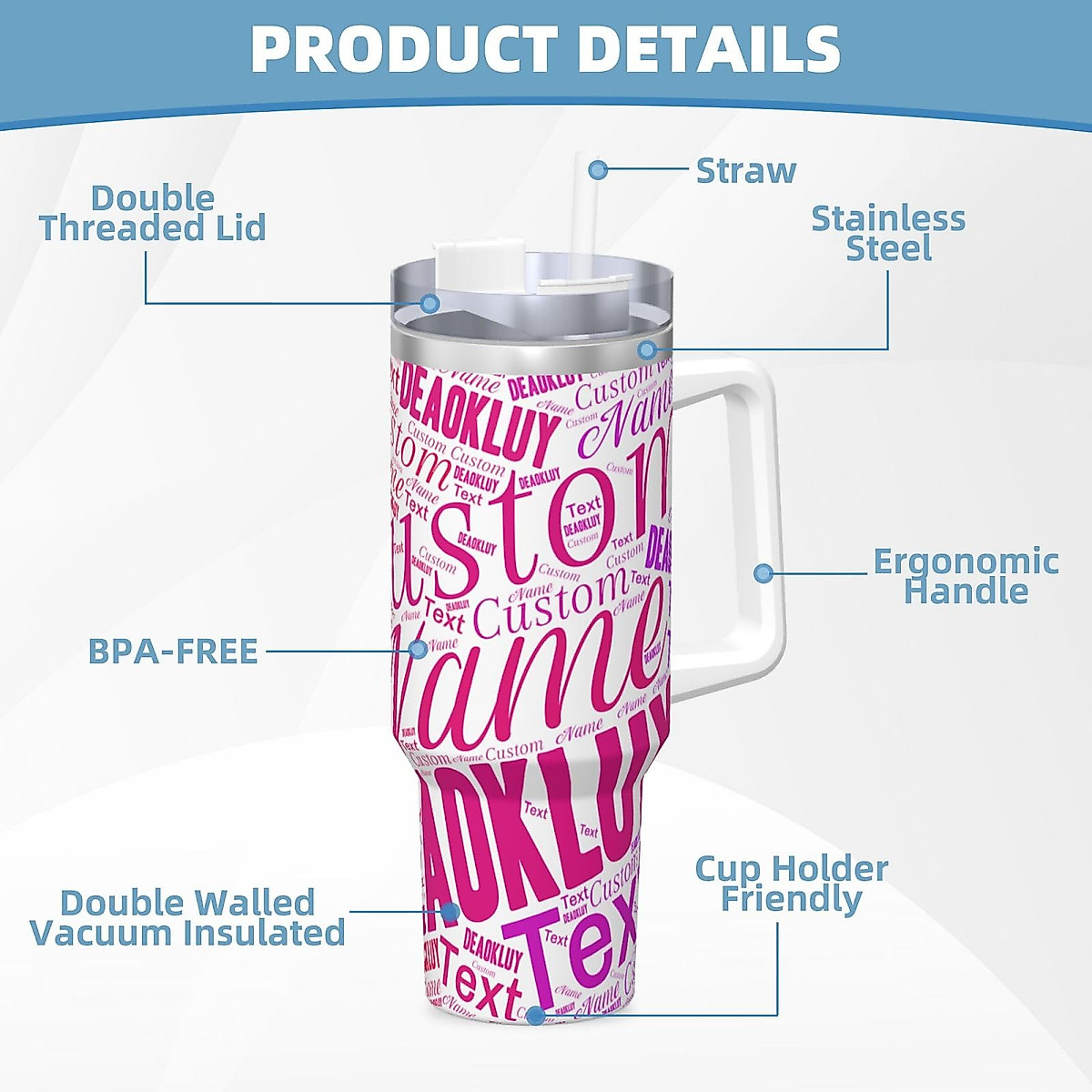 deaokluy Custom 40 OZ Ice Bully Cup with Handle Straw, Personalized Stainless Steel Tumbler with Lid Add Name Text, Choose Letter to Custom Travel Coffee Cup Present for Mom Dad Birthday Christmas