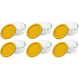 Pyrex Storage Plus 2-Cup Round Glass Food Storage Dish, Yellow Cover (6 Pack) Made in the USA