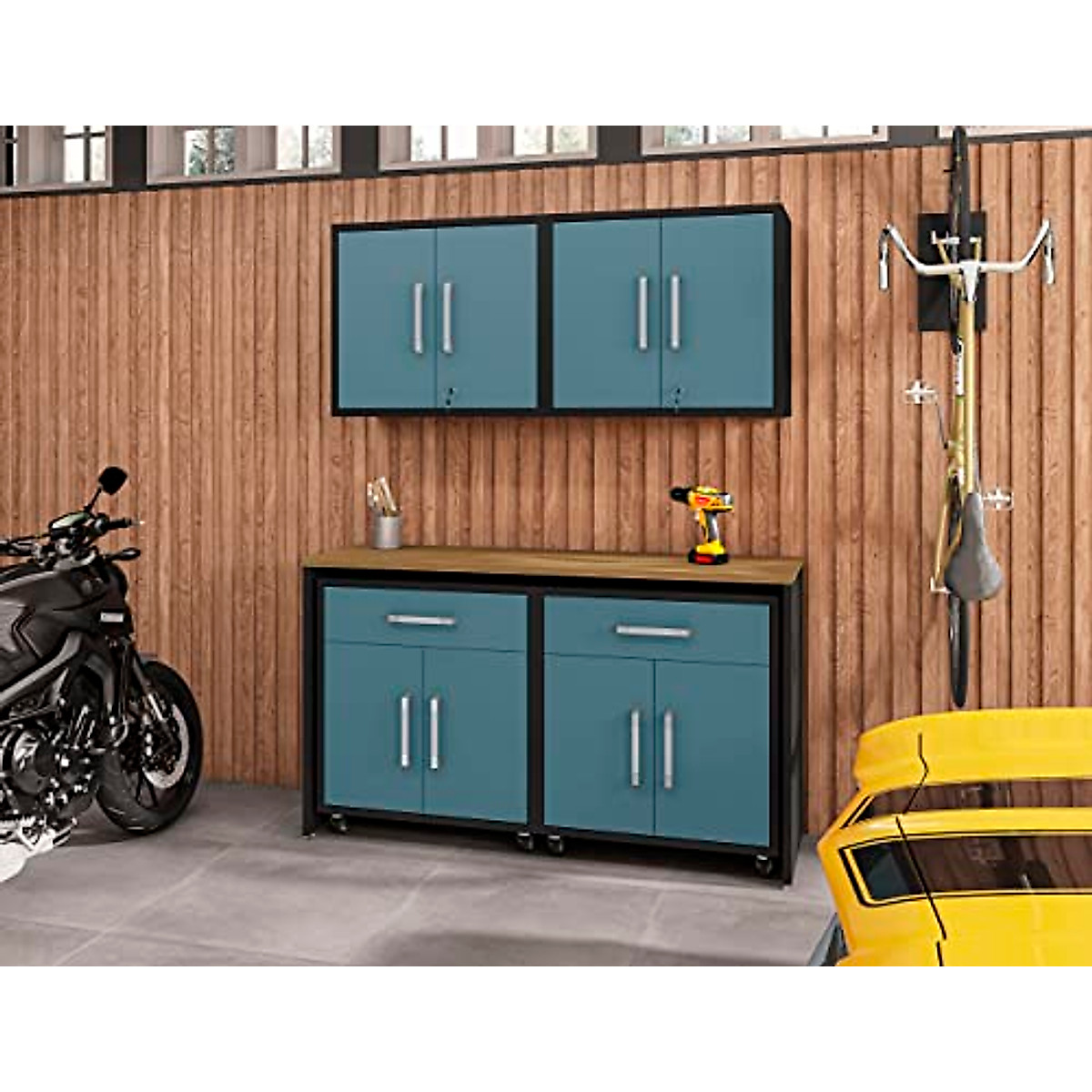 Manhattan Comfort Eiffel 5-Piece Garage Storage Set in Matte Black and Aqua Blue