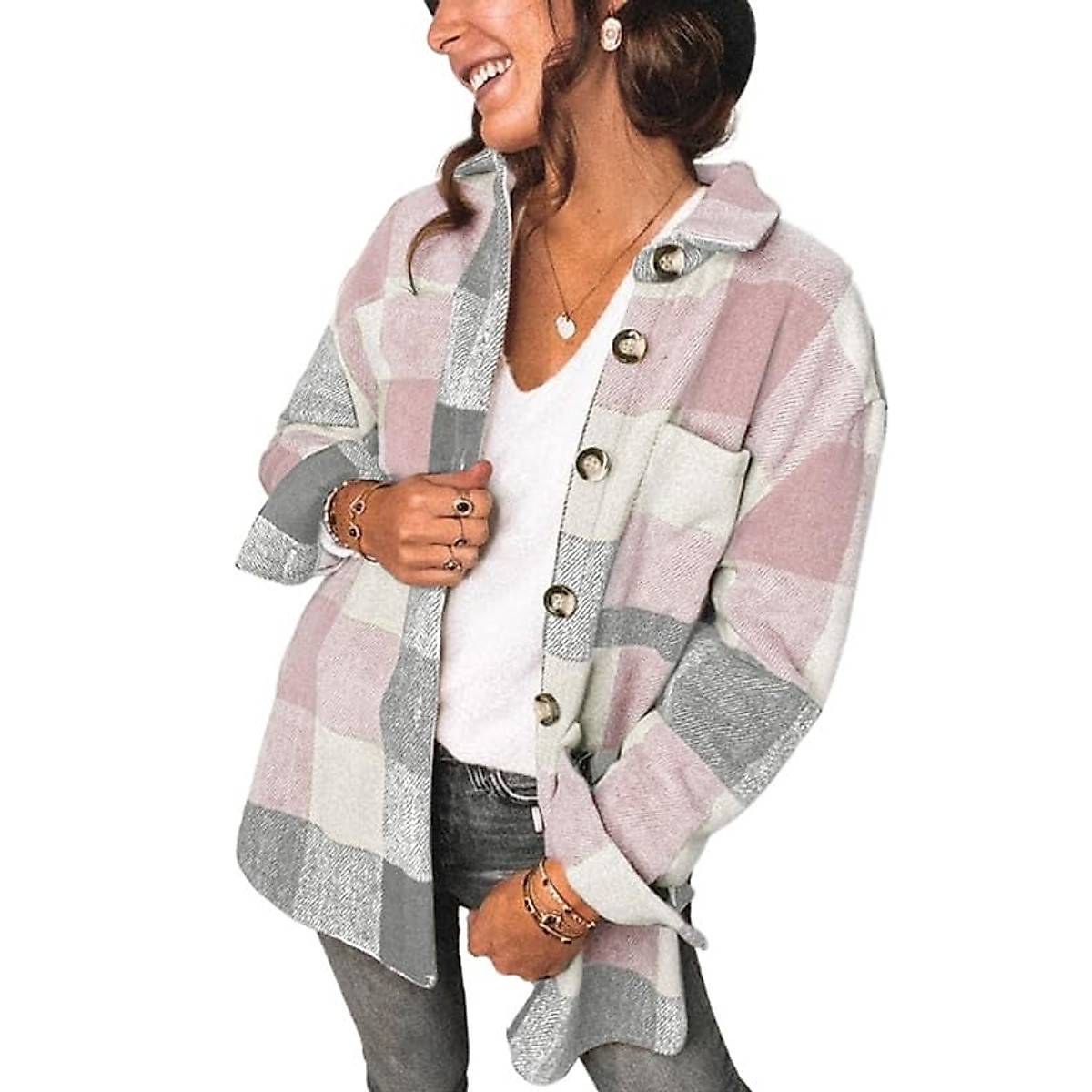 SHEWIN Women's Flannel Shirts Long Sleeve Plaid Lapel Casual Button Up Shacket Jacket Coats with Pockets Fall Tops for Women,US 8-10(M),Pink