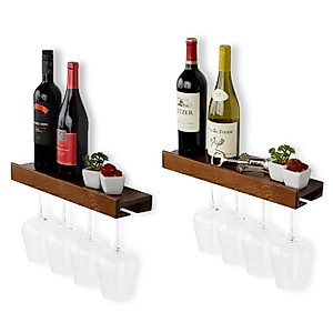 Rustic State Smith Wall Mounted Wood Floating Wine Bottle Rack with Glassware Holder Stemware Shelf Storage Organizer - Home, Kitchen, Dining Room Bar Décor - Walnut - Set of 2
