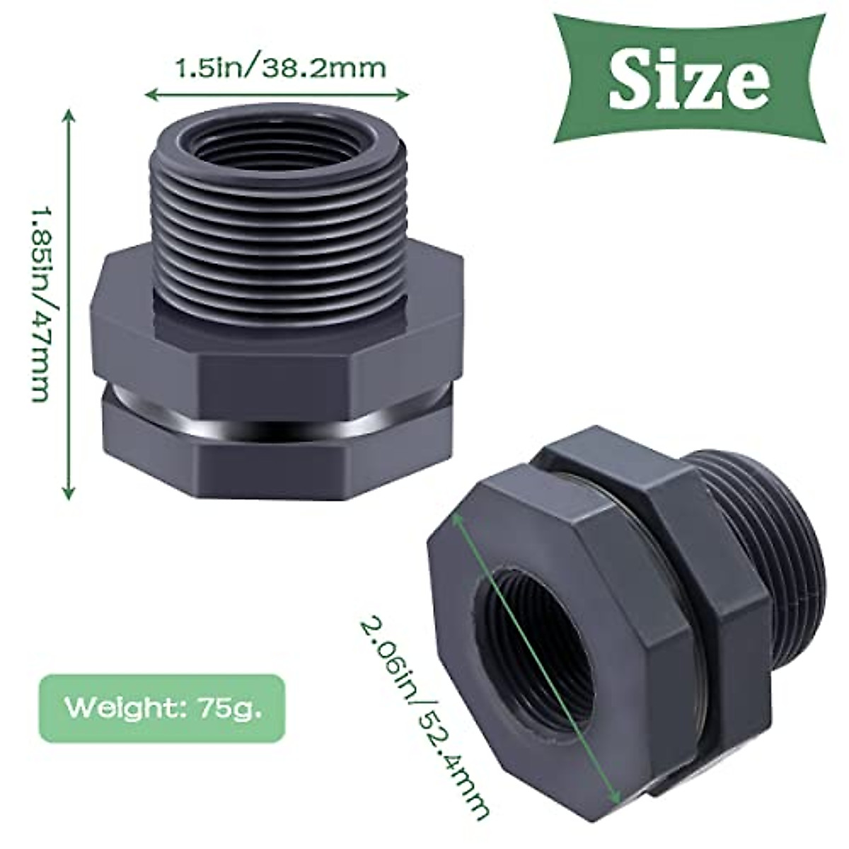 Seamaka 2 PCS 3/4 Inch Female PVC Bulkhead Fitting with Thick Silicon Seal Gasket for Water Tanks, Aquariums, Tubs, Pools O-H-007