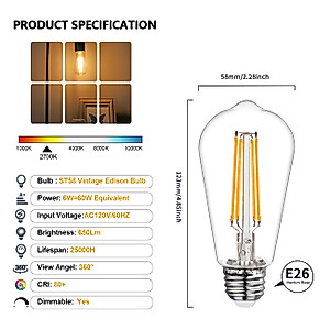 BORT ST58/ST19 Vintage LED Edison Bulbs, Warm White 2700K, Dimmable 6W Edison Light Bulbs, 60W Equivalent, 700LM, E26 Standard Base Filament LED Bulb, Clear Plastic - 12Pack