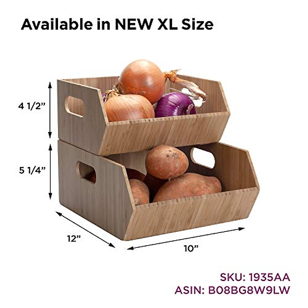 Bamboo Storage Bins for Pantry & Kitchen Cabinet Organizer Multi-Purpose 2 PC Stackable Set for Canned Goods, Vegetables, Pouches, Boxed Meals & more