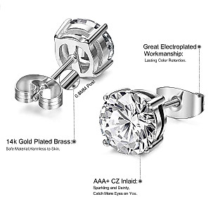 Women's 14K White Plated CZ Stud Earrings Simulated Diamond Round Cubic Zirconia Ear Stud Set（5 Pairs)