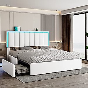 DICTAC Queen Bed Frame with 4 Drawers and USB Ports Modern Upholstered Platform LED Bed Frame with Storage Drawers and LED Lights Headboard,Faux Leather,No Box Spring Needed, Easy Assembly,White