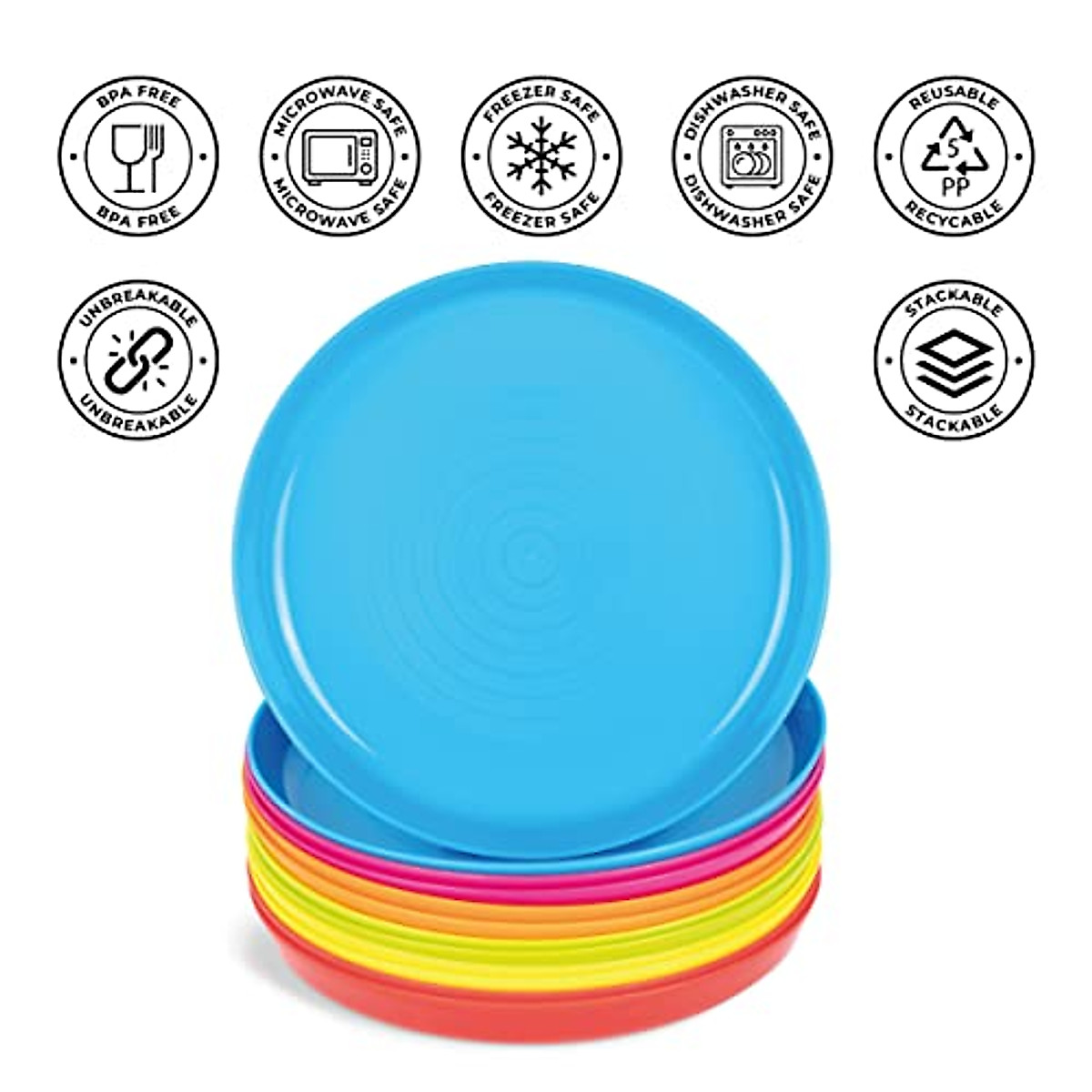 PLASKIDY Kids Plates Set of 12 Toddler Plastic Plates - BPA FREE Microwave and Dishwasher Safe Reusable Plastic Children's Plates Brightly Colored 7 Inch Dinner Plates