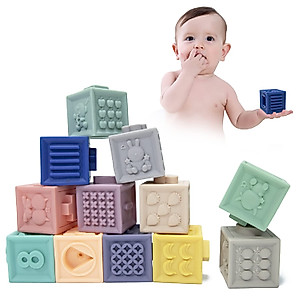 Maikerry 12PCS Blocks,Soft Stacking Blocks Bath Toys,Squeeze Play with Animals, Shapes, Textures, Numbers,Fruit,Early Educational Learning Stacking Blocks Tower, Best Gift for Toddlers