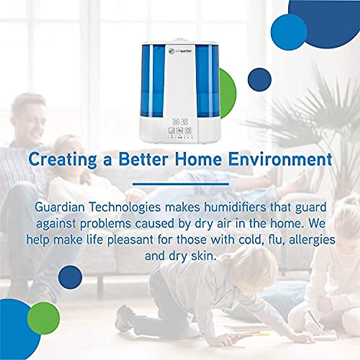 PureGuardian H5225WCA Ultrasonic Warm & Cool Mist Humidifier, 100 Hrs. Run Time, 2 Gal. Tank, 560 Sq. Ft. Coverage, Quiet, Filter Free, Silver Clean Treated Tank, Essential Oil Tray, White/Blue