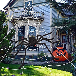 Halloween Spider Webs 16.5ft x15.8ft with 250 LED Purple Lights && 59" Giant Spider,Scary Halloween Outdoor Decors for Party Garden Home Costumes Yard Haunted House