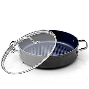 Nuwave 3Qt Skillet Forged Grill Pan, Tempered Glass Lid, G10 Healthy Duralon Blue Ceramic Ultra Non-Stick Coating, Oven & Dishwasher-Safe, Induction & Stove, Evenly Heats & Durable, Gray, PFAS Free