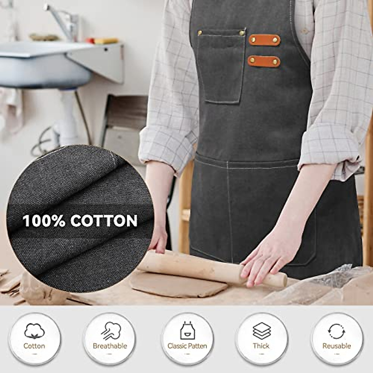 Riqiaqia Chef Apron for Women Men, Cotton Canvas Cross Back Apron with Adjustable Strap and Large Pockets (Grey)