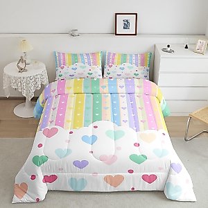 Feelyou Pretty Rainbow Bedding Set for Kids Boys Girls Colorful Love Heart Comforter Twin Size Dot Comforter Set Bedroom Decor Kawaii Quilt Set Bedding Collection 2Pcs