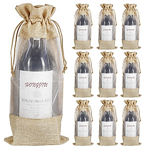 Jute Wine Bags, 10pcs Burlap Wine Bottle Gift Bags 750ml with Sheer Window Organza Hessian Drawstring Gift Bags for Wedding Festival Wine Tasting Party Favors (14 x 6.3 inches)