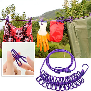 ALINNA Retractable Portable Clothesline, Travel Clothesline with 12 Clothespins for Indoor Laundry Drying, Outdoor Camping Accessories (Purple)