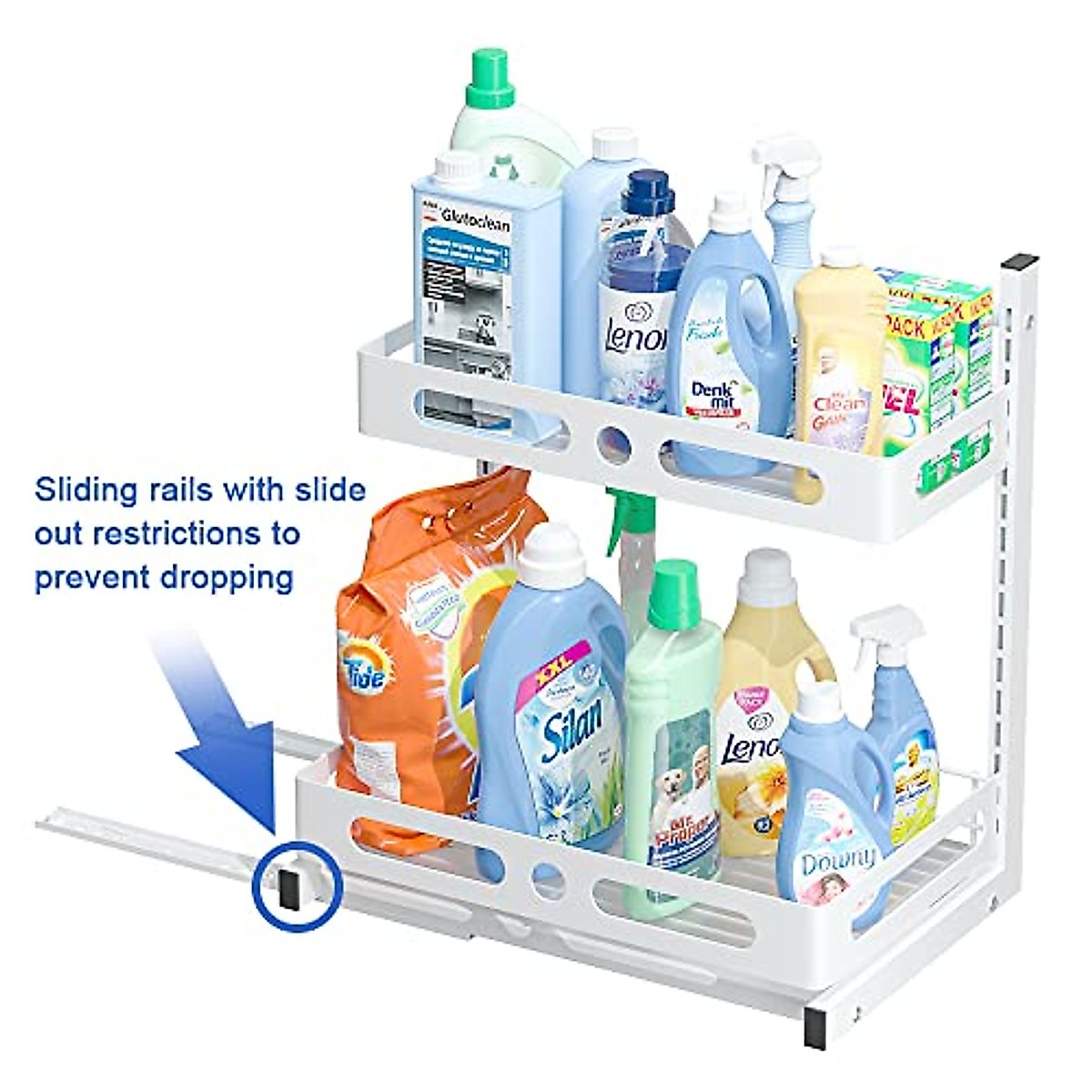NETEL Under Sink Organizer,Pull Out Sliding Cabinet Basket Organizer 2 Tier Under Bathroom Storage Rack, Multi-Use for, Height Adjustable, With PP Frosted Pad, With strong double-sided adhesive, White
