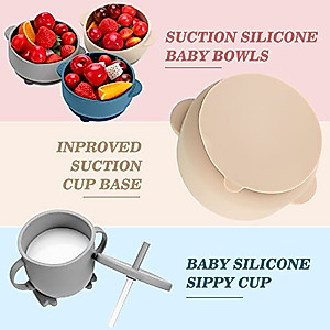 18 Pcs Silicone Baby Feeding Set Infant Dinnerware Adjustable Silicone Toddler Bibs Baby Plates and Bowls Set Suction Bowls Divided Plates Spoons Fork Cups Utensils(Beige, Dark Blue, Gray)