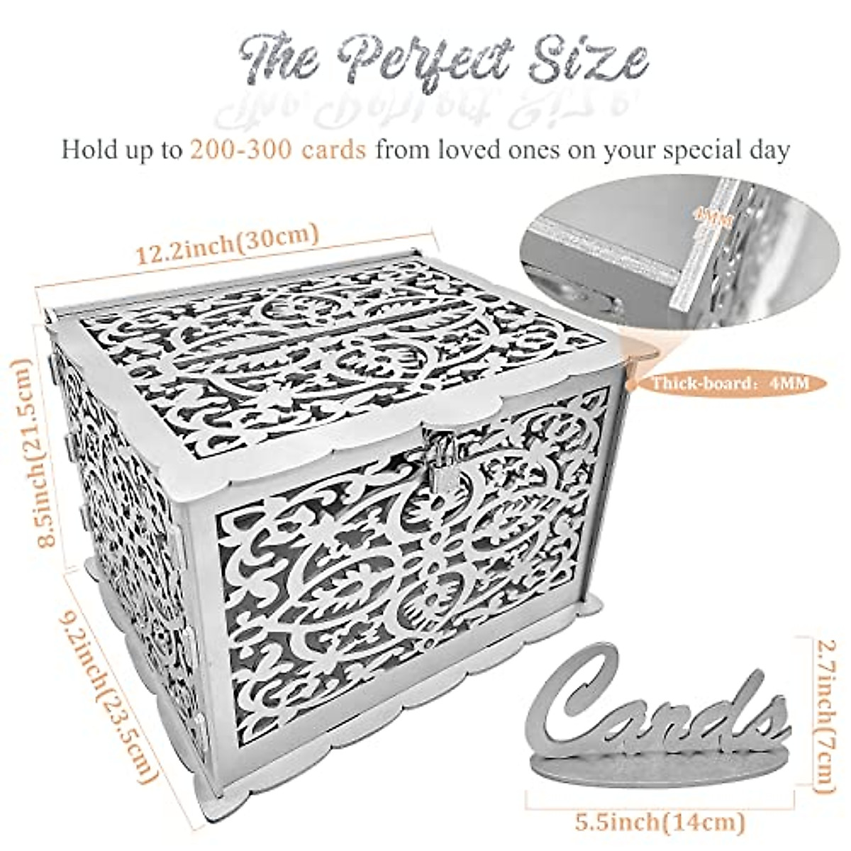 OurWarm Silver Wedding Card Box for Wedding Reception, Wooden Card Boxes with Lock, PVC Gift Card Box Money Holder for Reception Anniversary Shower Rustic Wedding Decorations Birthday Graduation