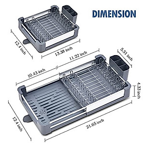TOOLF Aluminum Extendable Dish Rack, Dual Part Dish Drying Rack with Non-Scratch and Movable Cutlery Drainer and Drainage Spout, Adjustable Dish Drainer for Kitchen, 1 Piece Grey
