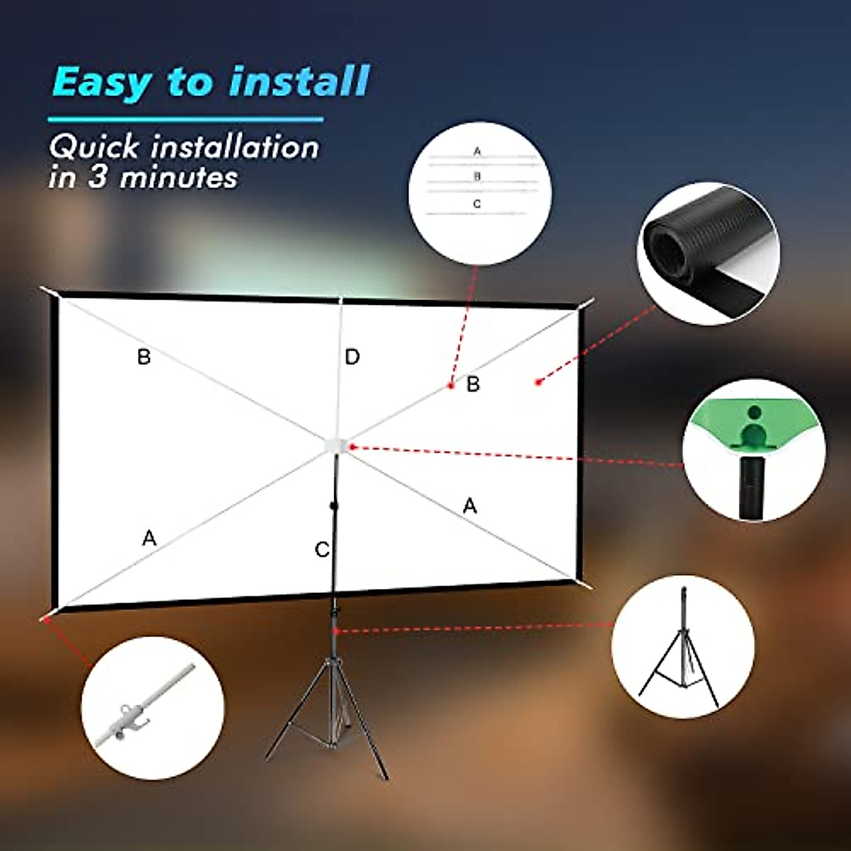OWLENZ 100" New Upgrade PVC Projector Screen with Tripod Stand 16:9 4K HD Anti Crease Portable Projection Screen for Indoor Outdoor Movie Nights Film Screen
