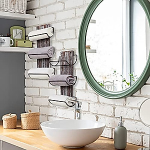 MyGift Wall Mounted 3 Tiered Matte Black Metal Wire Towel Holder for Rolled Towels with Torched Wood Mount Backing, Decorative Hand and Bath Towel Storage Rack, Set of 2