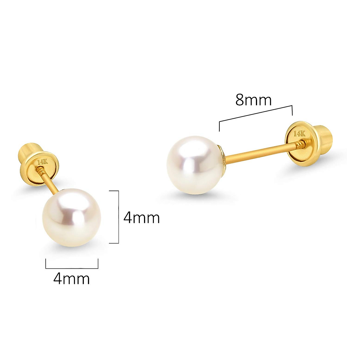 14k Yellow Gold 4mm Simulated Pearl Children Screw Back Baby Girls Earrings