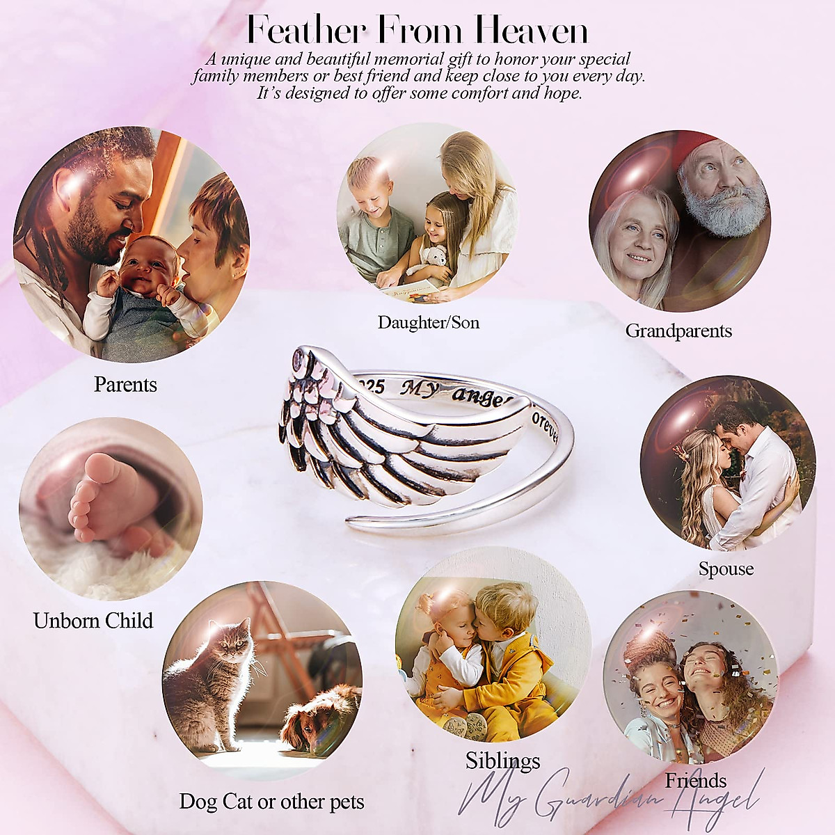 Ladytree Feather Guardian Angel Wings Ring for Women Memorial Sterling Silver Purity Adjustable Open Thumb Rings Jewelry Miscarriage Memory for Mother Mom Daughter Size 7