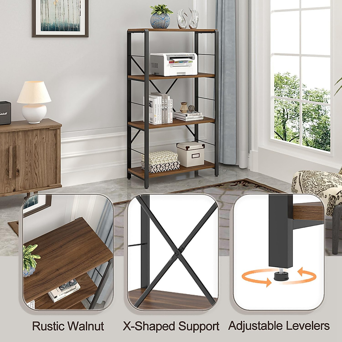 FOLUBAN Modern Bookshelf, 4 Tier Open Display Storage Book Shelf Organizer, Industrial Metal and Wood Bookshelves and Bookcases for Living Room Bedroom Office, Rustic Walnut