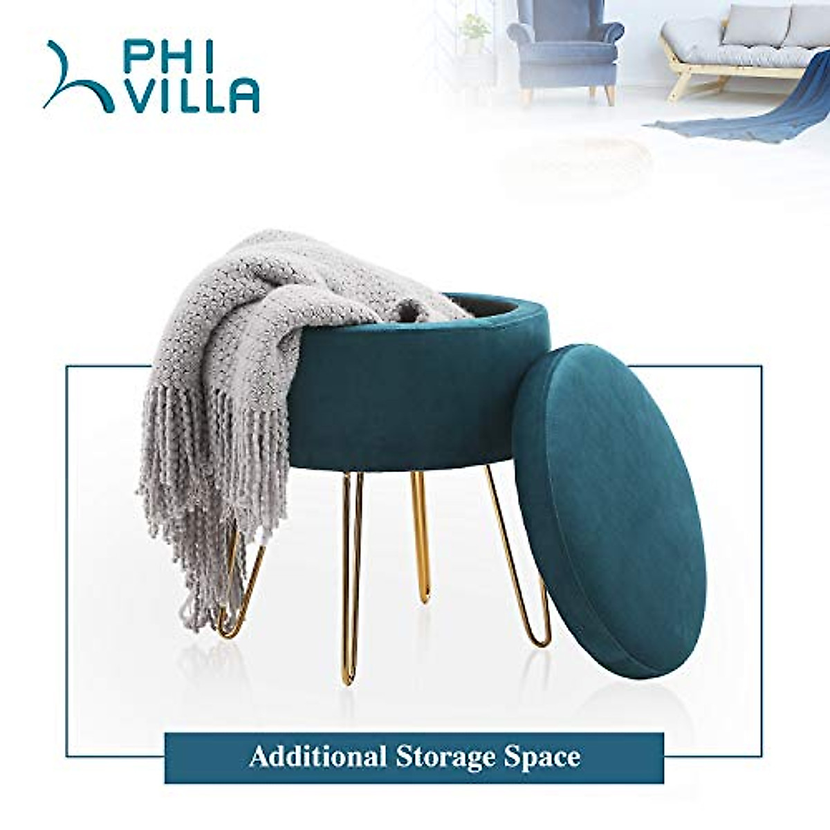 PHI VILLA Storage Ottoman,Blue Round Ottoman with Storage Box and Removable Lid, Upholstered Decorative Metal Legs Ottoman Footrest/Footstool for Living Room,Bedroom and Kids Room,Velvet,Blue
