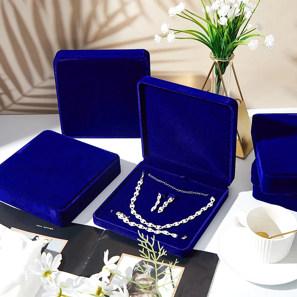 Yinkin 6 Pcs Velvet Jewelry Set Box Jewelry Display Case Earring Ring Bracelet Necklace Gift Box Pearl Necklace Storage Case for Wedding Travel Anniversary Valentines(Royalblue)