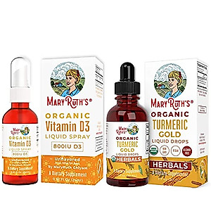 Vitamin D3 Liquid Spray & Turmeric Gold Liquid Drops Bundle by MaryRuth's | Plant-Based from Lichen Organic Non-GMO | Liquid Herbal Blend for Immune & Digestive Support