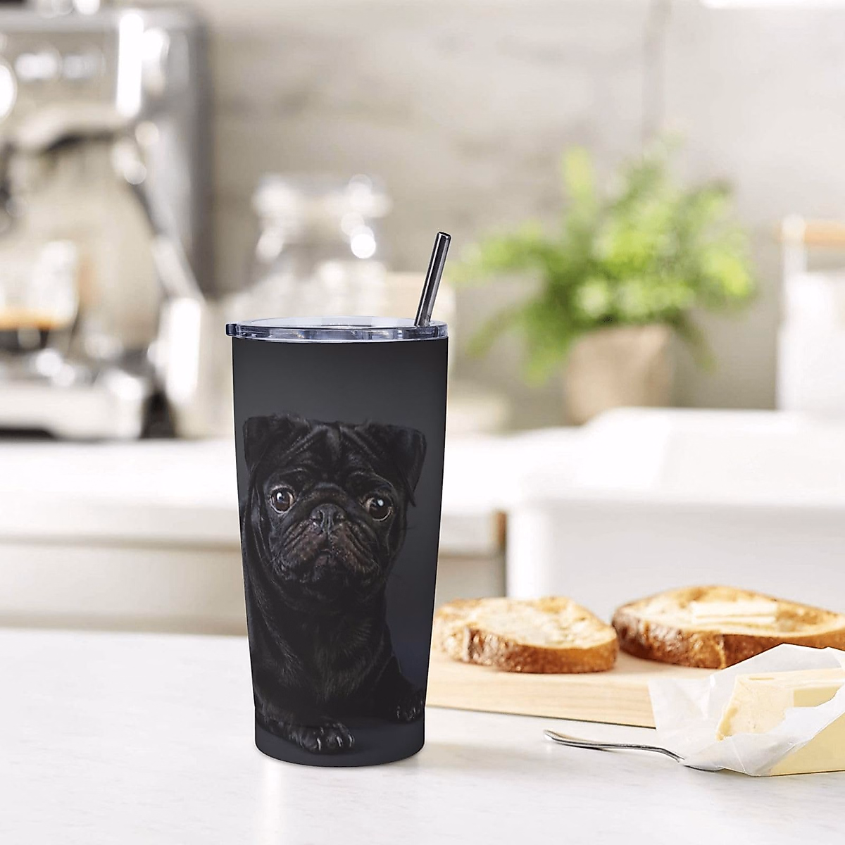 Black pug 20oz Tumbler Stainless Steel Vacuum Insulated Double Wall Travel Tumbler, Durable Insulated Coffee Mug, Thermal Cup With Lid and Straw for Hot & Cold Drinks