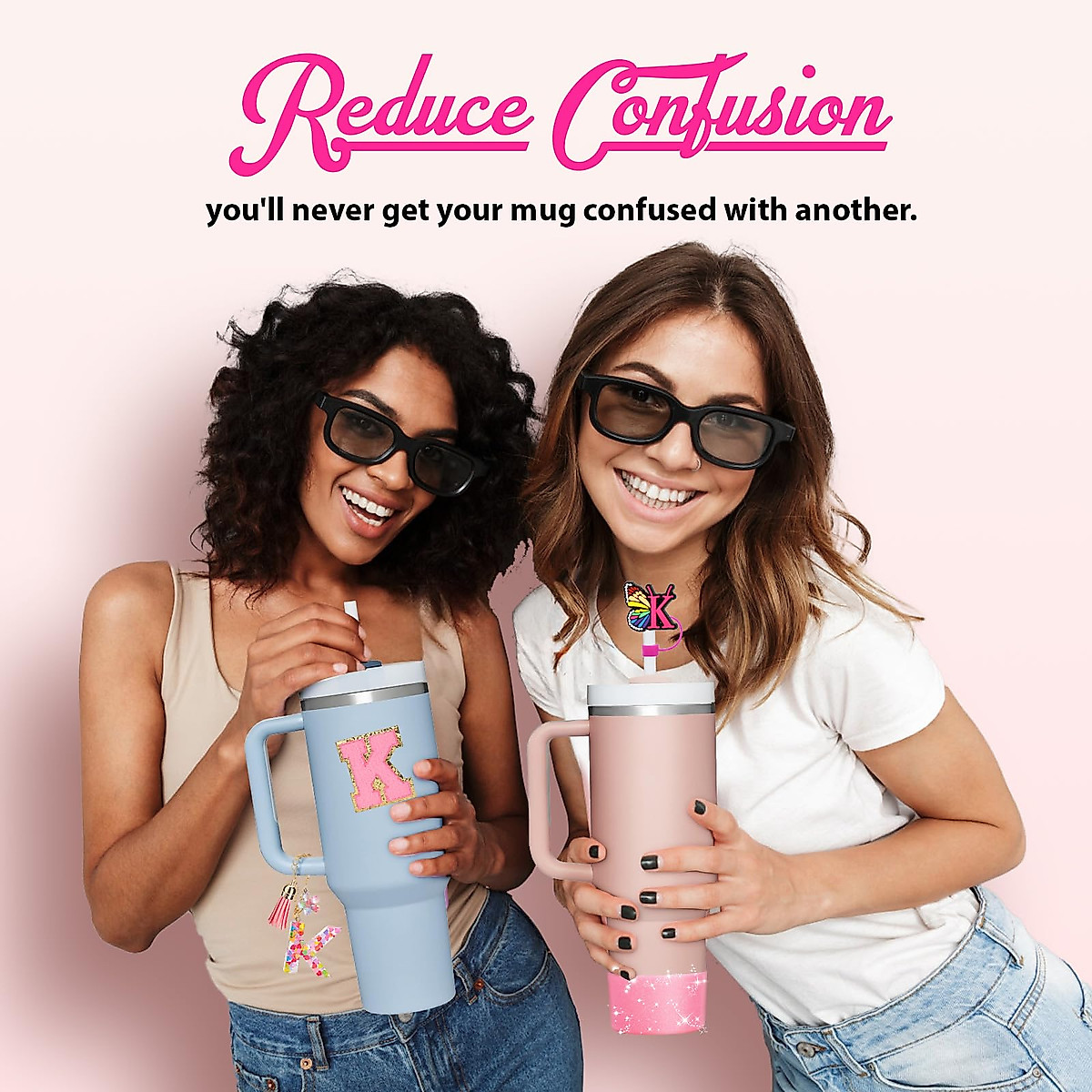 Mity rain 6PCS Cup Accessories Set for Stanley Cup 30oz 40oz, Tumbler Initials Decorations for Stanley, Including Silicone Straw Cover Cap and Boot, Spill Proof Stopper, Handle Charm, Sticker,Letter K