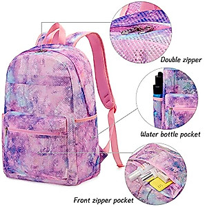 CAMTOP Mesh Backpack for Kids Girls Semi-Transparent See Through Sturdy School Bookbag Casual Daypack for Beach Swim Work Gym (Tie Dye Pink)