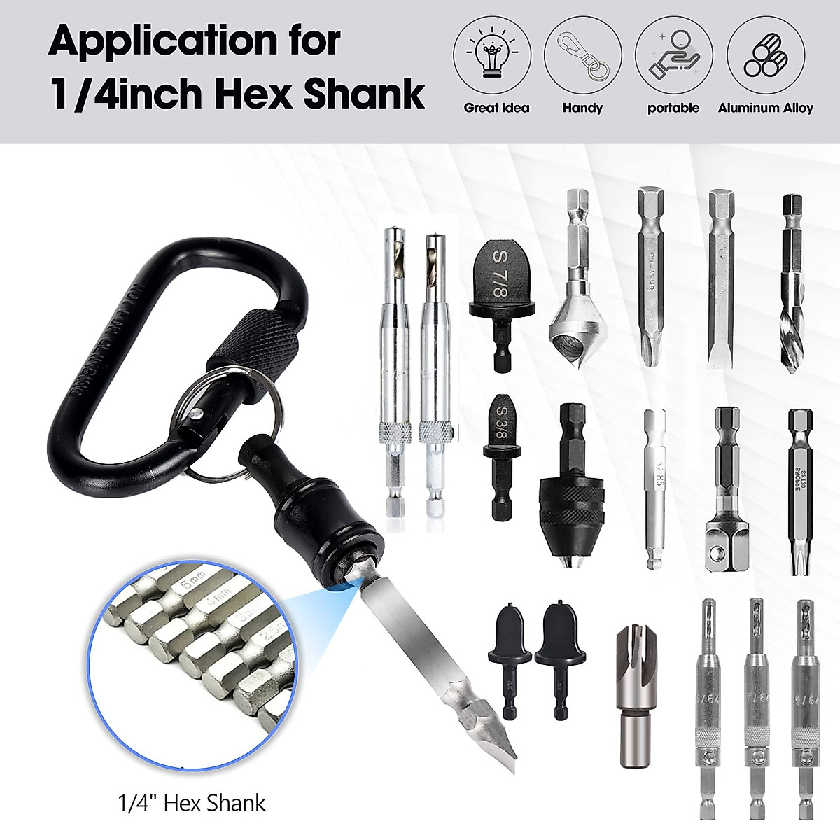 Upgrade 6 Pcs Bit Holder With Black Carabiner 1/4 inch Hex Shank Aluminum Alloy Screwdriver Bits Holder Light-weight Quick-change Extension Bar Keychain Drill Screw Adapter Change Portable (2 SET-B)