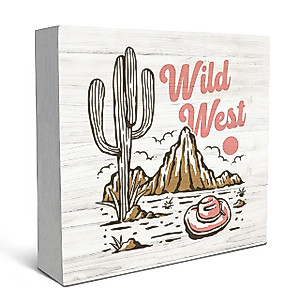SRADMO Retro Western Country Cowboy Hat Cactus Mountain Wood Box Sign Desk Decor，Wild West Wooden Block Box Sign Decoration For Western Home Shelf Table Decor