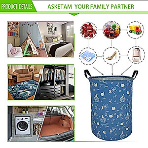 ASKETAM Fabric Laundry Basket Canvas Laundry Hamper for Dirty Clothes Toy Organizer Kid Nursery Room Decor Basket (Blue cat)