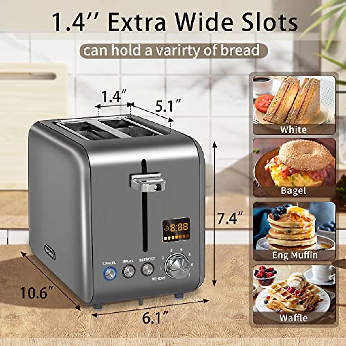 SEEDEEM Toaster 2 Slice, Stainless Steel Bread Toaster with Colorful LCD Display, 7 Bread Shade Settings, 1.4'' Wide Slots Toaster with Bagel/Defrost/Reheat Functions, Removable Crumb Tray, 900W, Dark Metallic