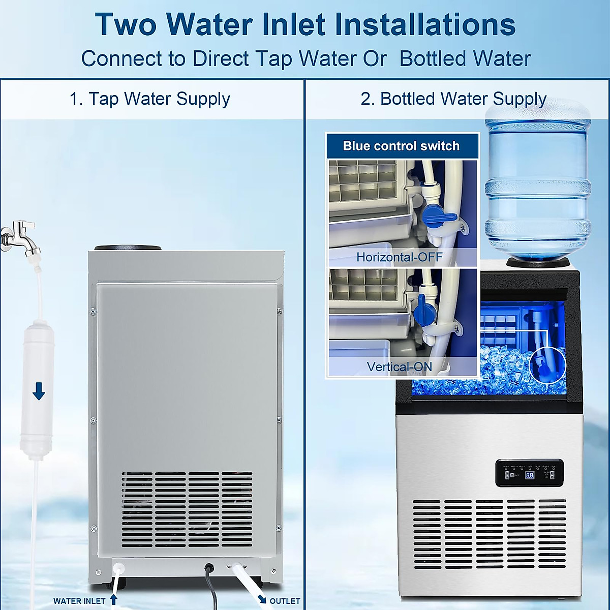 Amzgachfktch Commercial Ice Maker 120lbs/24H Ice Maker Machine with 2 Water Inlets, Under Counter Ice Maker with 30lbs Storage, Freestanding Ice Machine Includes Water Filter, Scoop, Connection Hoses