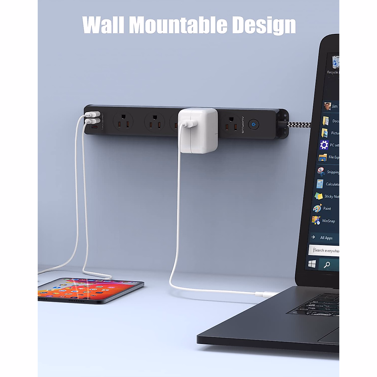 Surge Protector Power Strip with USB C Ports, 5 Outlets 3 USB Ports(1 USB C), 5FT Braided Extension Cord with Multiple Outlets, Mountable Power Strips Flat Plug for Home, Office, Dorm