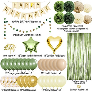 Lasocy Sage Green Happy Birthday Party Decorations Sage olive green Gold Retro Green Balloons Nude Happy Birthday Banner Neutral Rustic Botanical Greenery Décor Supplies for Women Girls Baby