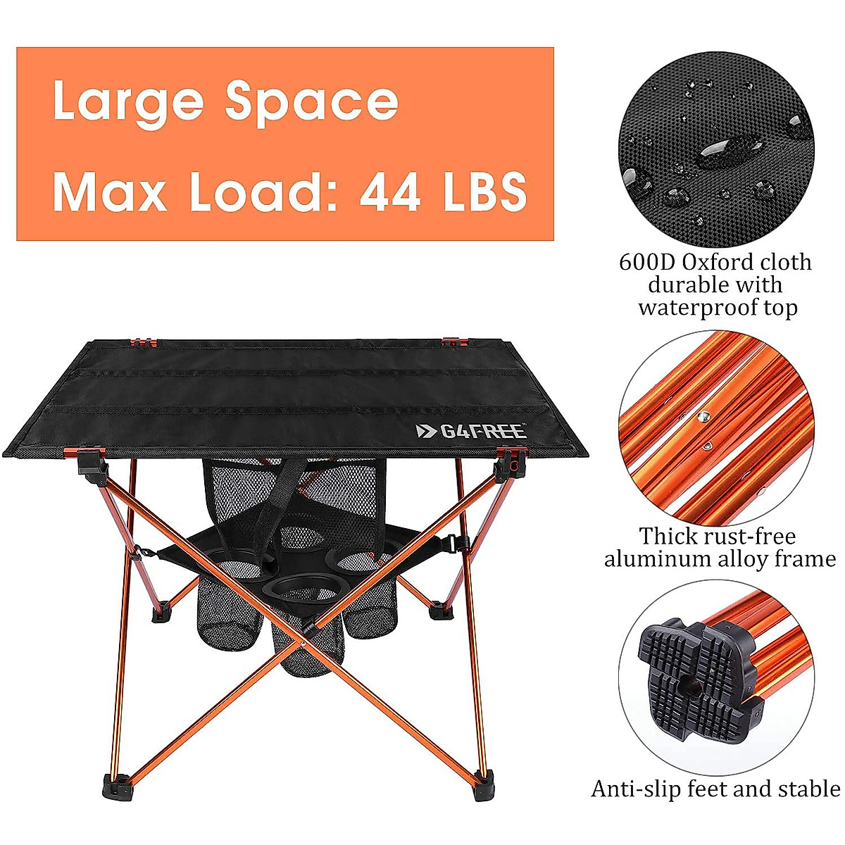 Portable Folding Camp Table Large Camping Table with 4 Cup Holders and Carrying Bags for Indoor and Outdoor Picnic Tailgating BBQ Beach Hiking Travel Fishing Fishing(Orange Medium with Cup Holder)