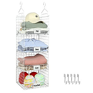 4 Tier Hanging Closet Shelves-Clothes Haning Organizer with Name Plate S Hooks, Wall Mount&Cabinet Wire Storage Basket Bins, for Clothing Sweaters Shoes Handbags Clutches Accessories-White