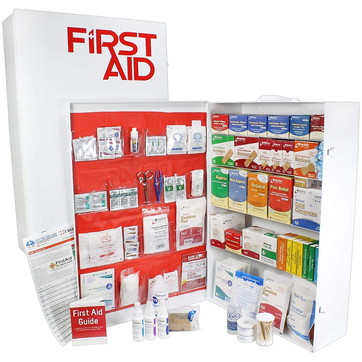 OSHA & ANSI 5 Shelf Industrial First Aid Cabinet with Pocket Liner, 200 Person, 1890 Pieces, 2015 Class A+, Types I & II, Made in USA by Urgent First Aid™ with extra content & NEW ANSI First Aid Guide