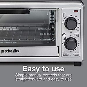 Proctor Silex 4 Slice Countertop Toaster Oven, Multi-Function with Bake, Toast and Broiler, 1100 Watts, 30 min timer and auto-shutoff, Includes Backing Pan and Rack, Black and Silver (31260)