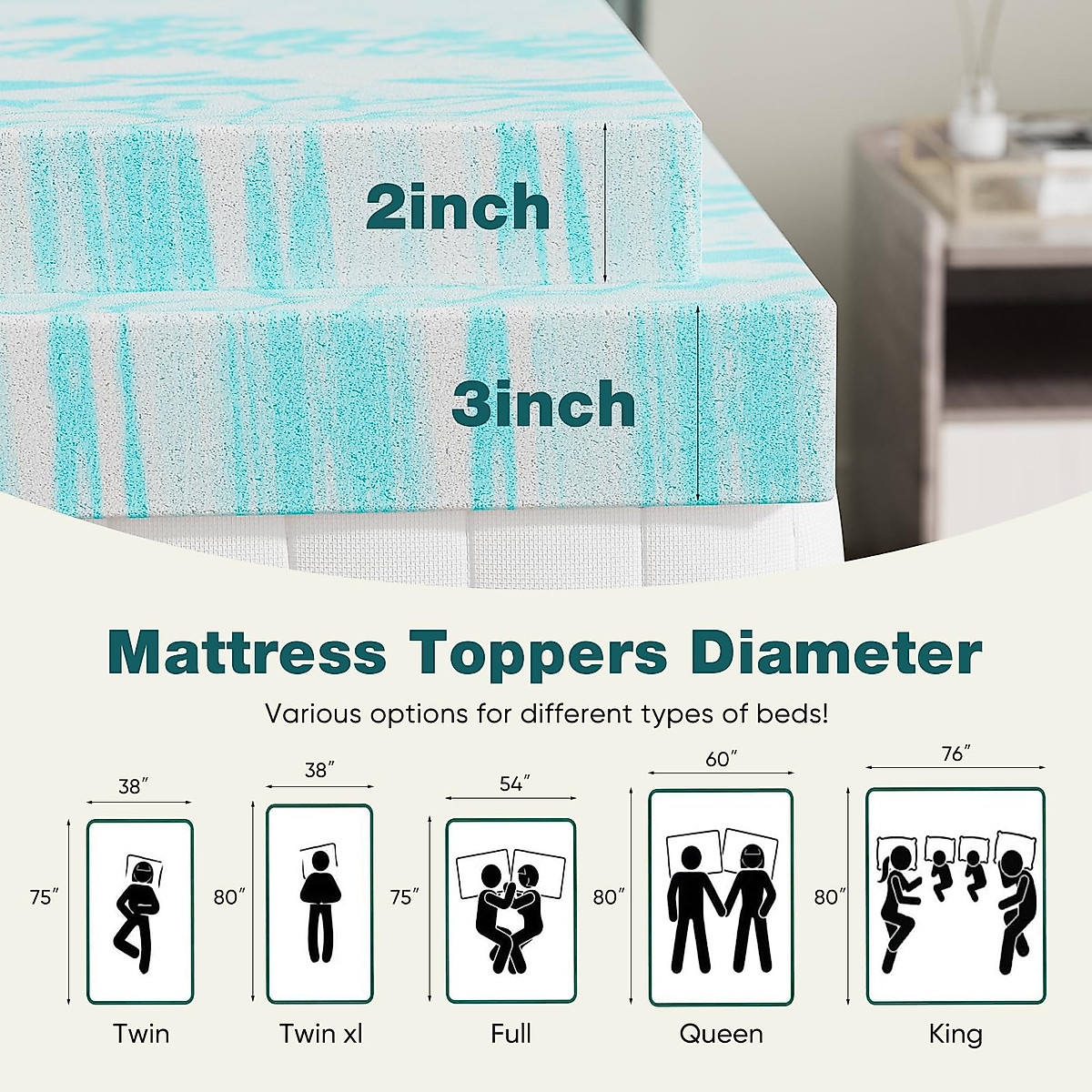 SMUG Memory Foam Mattress Topper, 3 Inch Thick Gel Infused Cooling Toppers Pad for Bed, Sleeper Sofa, RV, Camper, CertiPUR US Certified, Ventilated and Breathable, Bule, Queen