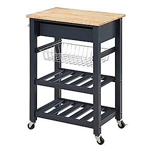 OSP Home Furnishings Hampton Kitchen Cart with Wood Top, Utensil Drawer, Under Cabinet Basket, and 2 Slatted Shelves, Blue Stone Base