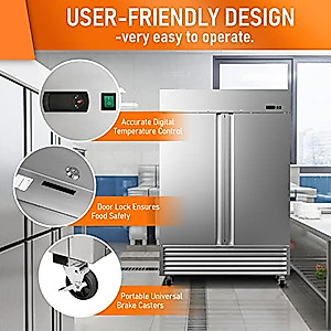 HOCCOT Commercial Refrigerator 54” Two Solid Door Reach-In Cooler, Stainless Steel 2 Sections Air-cooled Refrigerator with Adjustable +33°F~+41°F Temp Range in LCD Display, 49 Cu.Ft for Restaurant