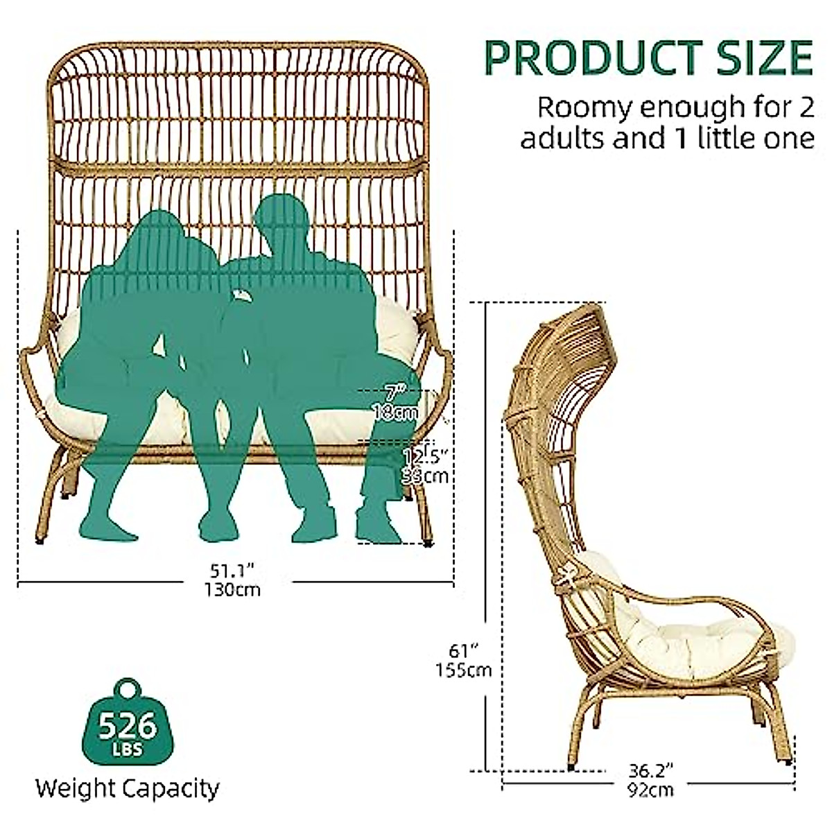 YITAHOME Outdoor Double Egg Chair for 2 Person, Wicker Patio Large Basket Chair with 526lbs Capacity, All-Weather Oversized Egg Lounger Chair for Indoor Living Room Outside Balcony Backyard - Beige